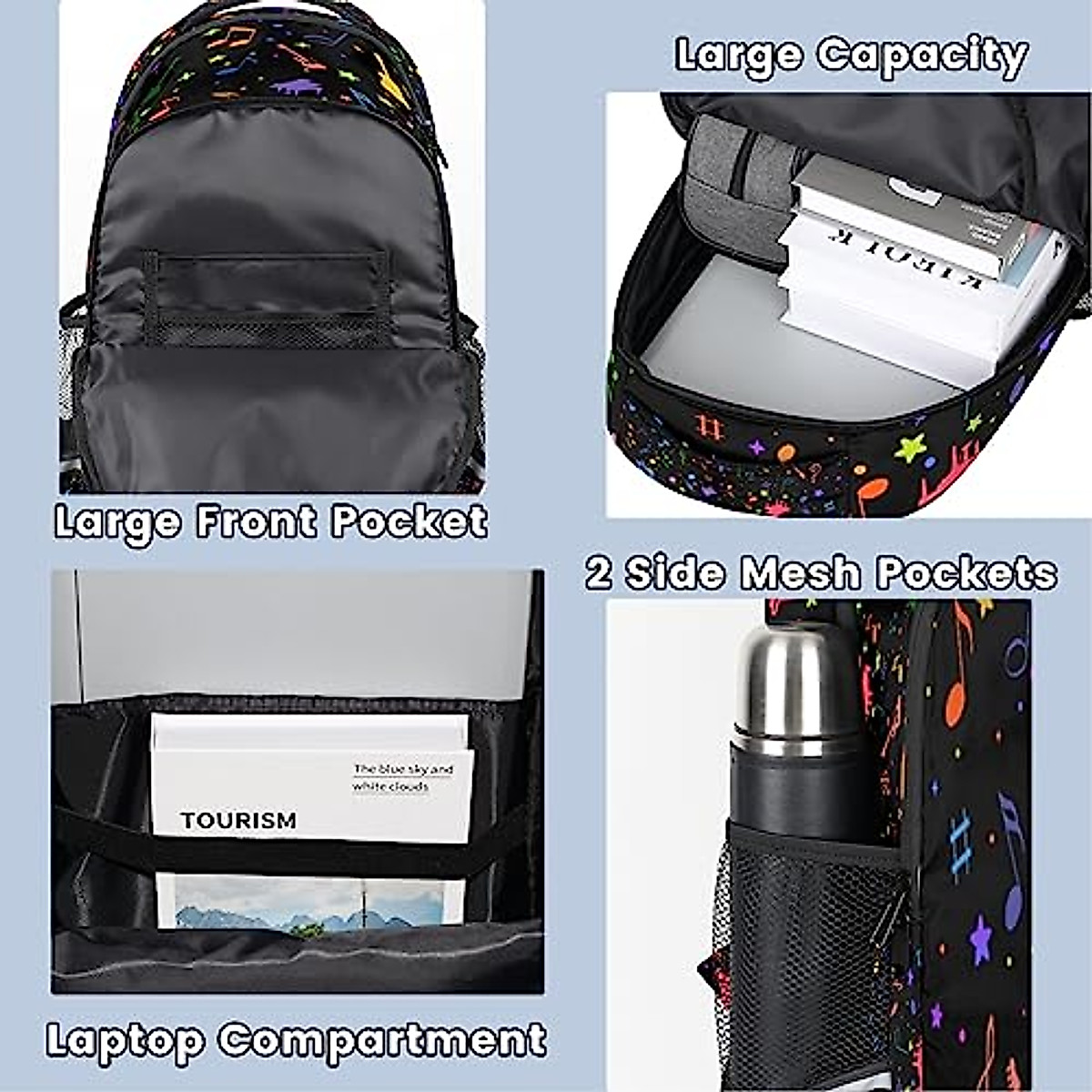 YoCosy Cute Black Colorful Music Guitar Backpack School Bookbag Laptop Purse Casual Daypack for Teen Girls Women Boys Men College Travel