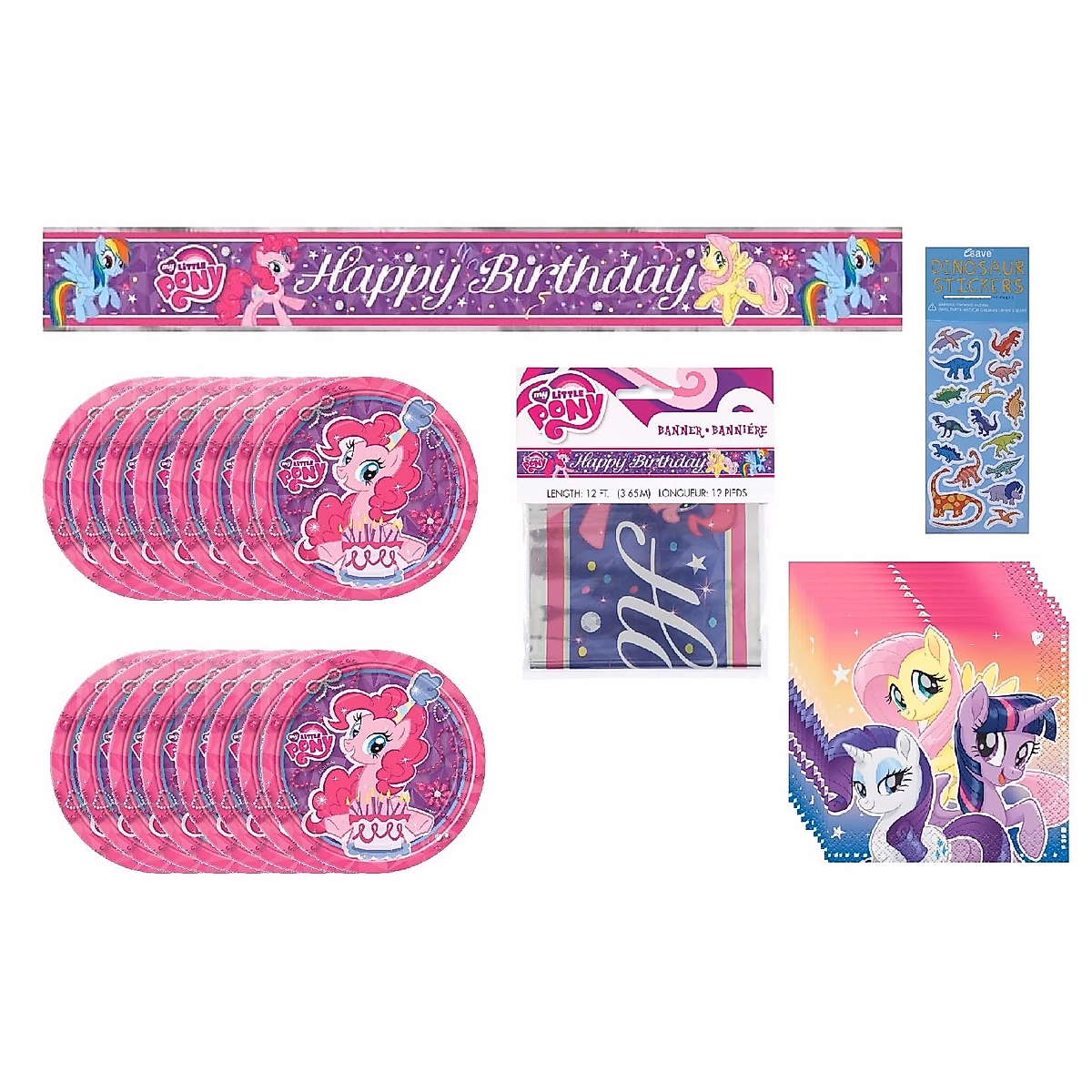 My Little Pony Birthday Party Supplies Bundle Pack for 16 includes 16 Plates, 16 Napkins, 1 Happy Birthday Banner, 1 Dinosaur Sticker Sheet