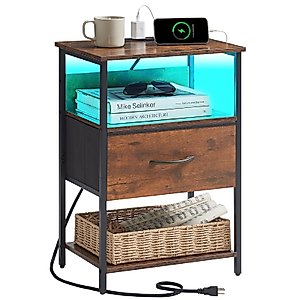 Somdot Nightstand with Charging Station and LED Light for Bedroom, Bedside Table End Table for Dorm Bedside Laundry Closet Entryway Hallway, Wood Grain Print