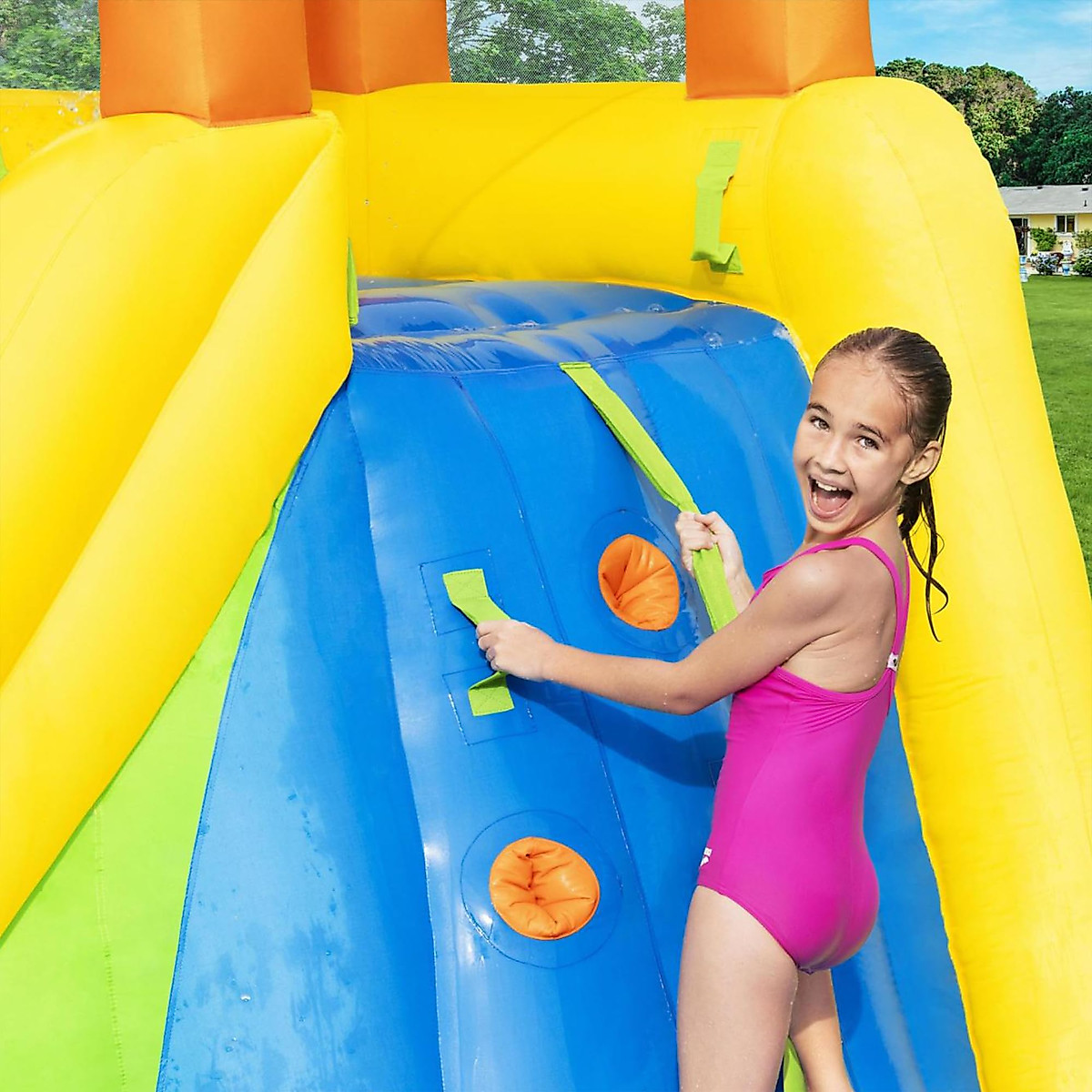 Bestway H2OGO! Mount Splashmore Kids Inflatable Outdoor Backyard Water Slide Splash Mega Park Toy w/Climbing Wall, Slide, Splash Zone, & Spray Blaster.