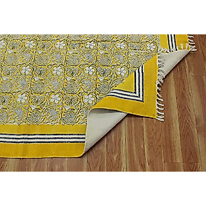 Casavani Indian Handmade Cotton Dhurrie Oriental Yellow & Beige Area Rug Boho Kilim Flat Weave Rug Indoor Hall Room Decor Carpet Throw Rugs for Bedroom Living Room Bathroom Balcony 4x10 Feet Runner