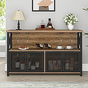 LVB Wine Bar Cabinet, Industrial Sideboard Buffet/Coffee Bar Cabinet for Liquor and Glasses, Farmhouse Metal Wood Rack Cabinet for Home Living Dining Room Kitchen, Rustic Oak, 47 Inch