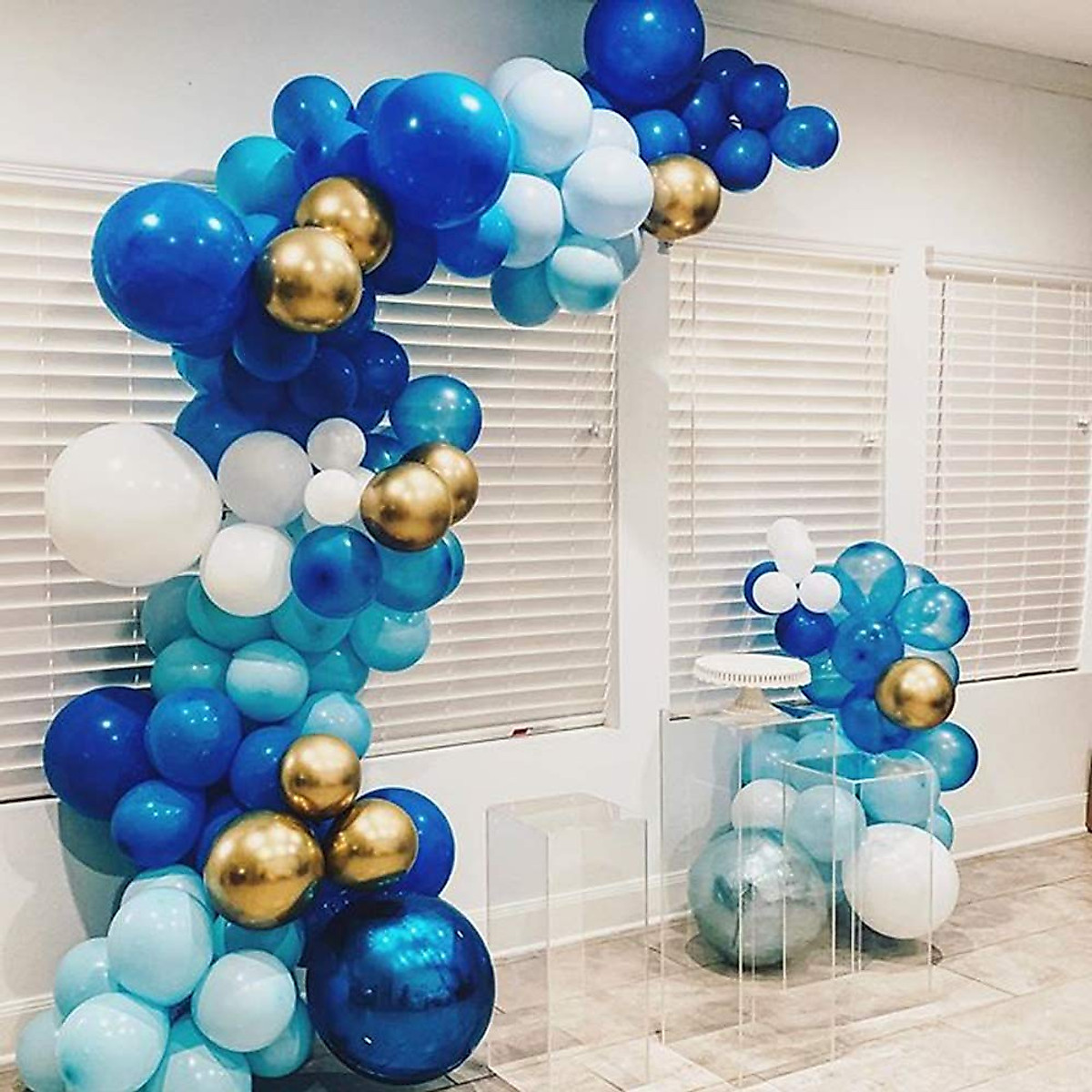 100Pcs Blue Gold White Balloon Garland & Arch Kit-100pcs Latex Balloons, 16 Feets Arch Balloon Strip Tape for Baby Shower Birthday Wedding Party Backdrop