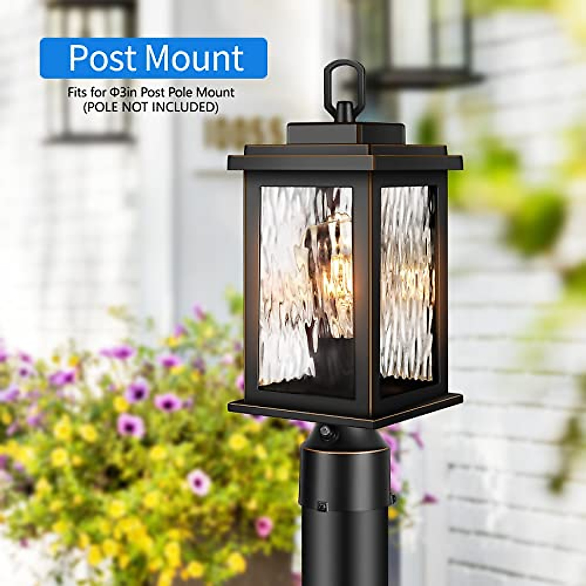 VIANIS Dusk to Dawn Outdoor Post Light with Pier Mount Base, Waterproof Lamp Post Light Fixture, Black Aluminum 3-inch Exterior Post Lamp with Tempered Glass for Driveway, Backyard, Patio, Garden