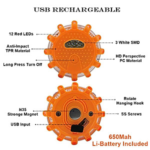 Ecoangel USB Rechargeable LED Road Flares Emergency Lights-Roadside Warning Car Safety Beacon Flashing Disc Flare Kit with Magnetic Base for Vehicles & Boat | 3 Beacon Disc Pack