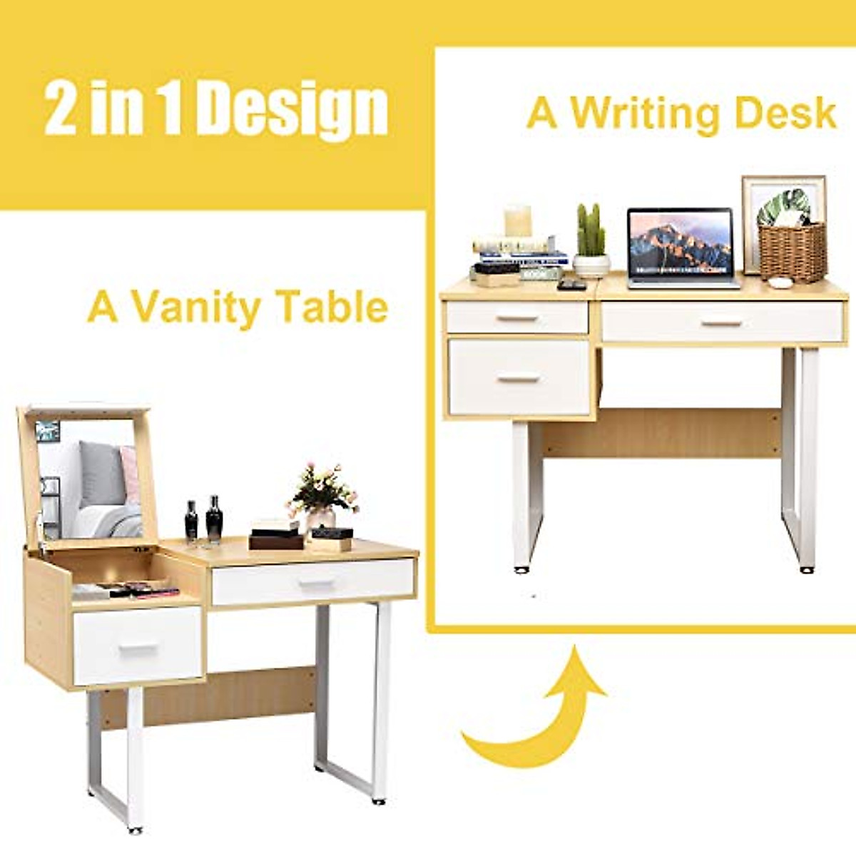 CHARMAID Makeup Table Writing Desk with Flip Top Mirror, Vanity Table with 5 Storage Compartments, Dressing Table Computer Laptop Desk with 2 Large Drawers for Students Girls Women