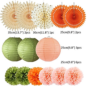Olive Green and Orange Decorations Paper Lanterns Fans Tissue Paper Pom Poms Peach and Olive Green Decor with Gold Star Garland for Fall Baby Shower Bridal Shower Rustic Wedding Birthday Party
