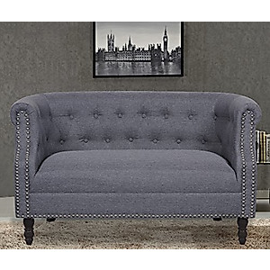 Container Furniture Direct Huton Collection Contemporary Upholstered Linen Wingback Loveseat with Solid Wood Frame and Button Tufted Details, Dark Grey