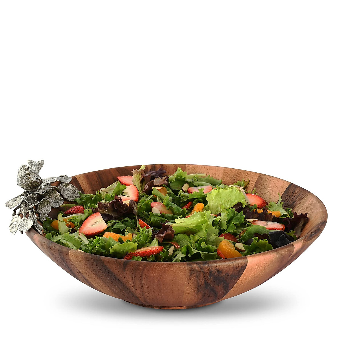 Vagabond House Acacia Wood Large Salad Serving Bowl with Pewter Song Bird 16 inch Diameter x 6 inch Tall