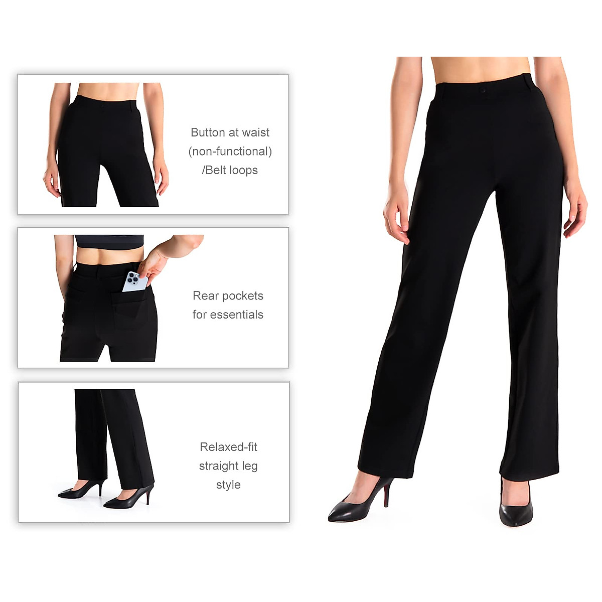 Yogipace,Belt Loops,Women's High Waisted Stretchy Straight Leg Relaxed Fit Yoga Dress Pants,31",Black,Size XL