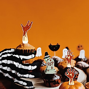 72PCS Halloween Cupcake Toppers Supplies 36 PCS Zombie Hand Tombstone Cupcake Toppers And 36 PCS Horror Red Handprint Cupcake Wrapper For Halloween Party Zombie Theme Party