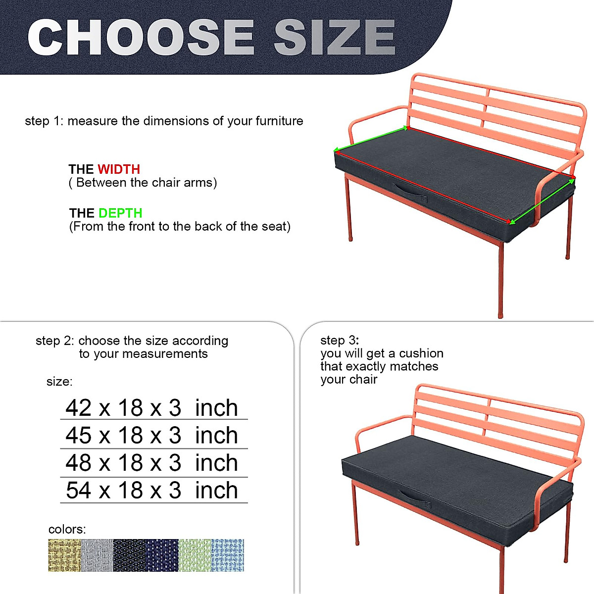 Pcinfuns Outdoor Bench Cushions 42 x 18 Inch Water-Resistant Chair Cushion for Patio Furniture with Fade Resistant and Removable Cover with Handle & Adjustable Straps for Patio,Yard,Black Grey