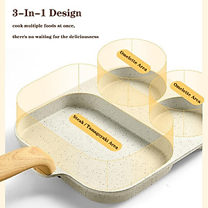 Unoschrim Nonstick Egg Frying Pan, Egg Frying Pan 3 Section, Aluminum Frying Pan With Heat Resistant Handle, Cooking Pan for Breakfast, Egg, Bacon and Burgers, Easy Clean, Only for Gas Stove