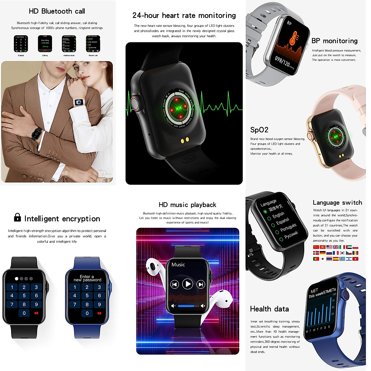PADY-Wearable Technology D06 Smart Watch Smart Bracelet Fitness Tracker 1.6 inch IPS HD Full Touch Display Bluetooth Call Smartwatches Watch Split Screen Calling Waterproof for Women Men (Black) D6