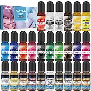 Alcohol Ink Set - 26 Bottles Vibrant Colors Alcohol Inks, High Concentrated Resin Ink, 10 Colors Metallic Alcohol Pigment Resin, Alcohol Based Ink for Epoxy Resin, Fluid Art Painting, Glass - 0.35oz