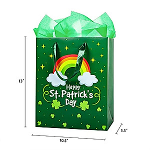 Hohomark St Patrick's Day Gift Bags 13" Large Irish Shamrock Bag with Tissue Paper Green Clover Gift Wrapping Bag Kids Classroom Party Favor Supplies