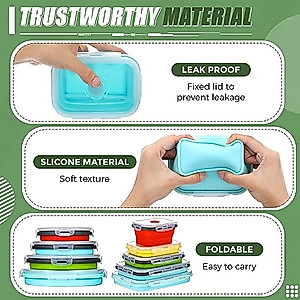 Dandat 9 Silicone Collapsible Food Storage Containers Foldable Silicone Lunch Containers Rectangle Round Airtight Collapsible Bowls with Lids Set for Kitchen Microwave Freezer Dishwasher Safe, 5 Color