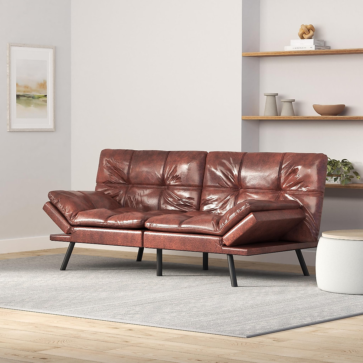 IULULU Brown Memory Foam Futon Couch Bed, Modern Folding Sleeper Sofa with Quick Adjustable Armrest and Backrest for Studio Apartment, Dorm, Living, Guest Room, Home Office