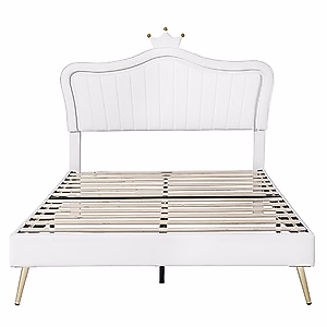 YSWH Queen Size Upholstered Princess Bed, Platform Bed Frame with Adjustable Crown Shaped Headboard and LED Lights, Fun Cute Bed Princess Bed for Kids, Bedroom Furniture Upholstered Bed (White)