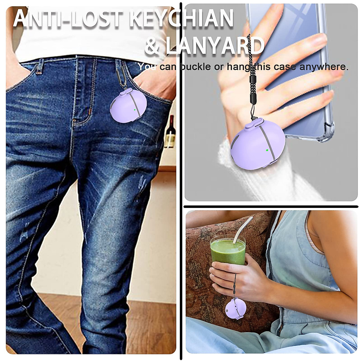 Miimall Compatible for Google Pixel Buds Pro Case, [Secure Lock][Anti-Lost Keychain][Front LED Visible] Military Protective Rugged TPU Case Cover for Pixel Buds Pro Accessories with Lanyard (Purple)