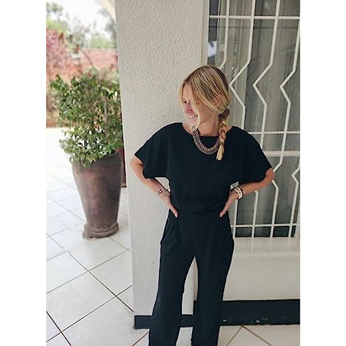 Happy Sailed Women Casual Loose Short Sleeve Belted Wide Leg Pant Romper Jumpsuits Medium Black