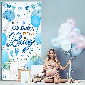 Baby Shower Decorations, Welcome It is a Boy Sign Banner Door Cover Blue Photo Backdrop for Baby Shower Party Supplies, 70.87 x 35.43 inch