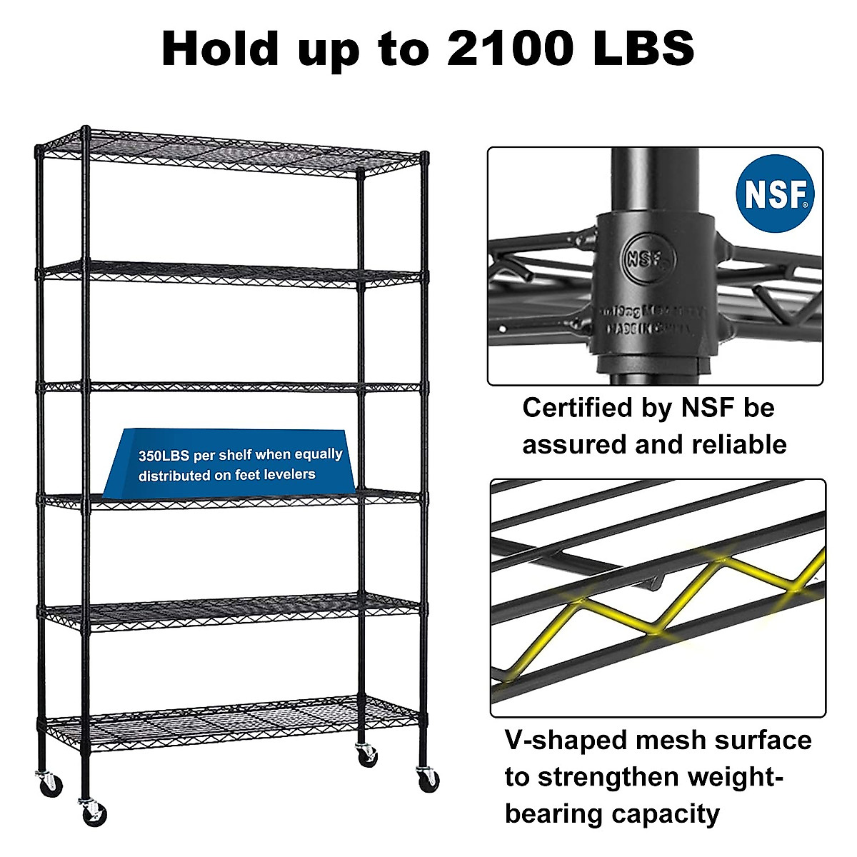 FLL 6 Tier Metal Wire Shelving Unit Garage Shelving Wire Shelving for Garage Kitchen,NSF Certification Metal Storage Shelf Rack Shelf Heavy Duty Shelves Height Adjustable with Wheels,48×18×82,Black