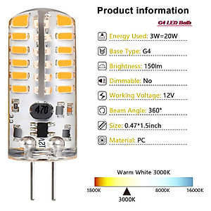 G4 LED Bulbs 12V 3W Bi-Pin LED Light Bulbs 48×3014 SMD 20W Halogen Bulb Replacement Silicone Coated Shatterproof 220 Lumens 360° Beam Angle AC/DC (Warm White), 10 Count (Pack of 1)