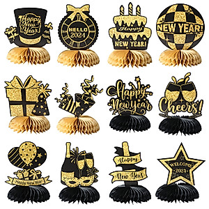 Happy New Year Honeycomb Centerpieces Decorations Pack of 12 3D Happy New Year Decorations 2024 for Happy New Year Theme Table Toppers New Year Eve Party Supplies 2024