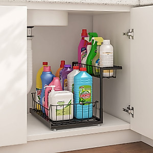 Hounyoln Under Sink Organizer and Storage,2-Tier Metals Kitchen Cabinet Organizer Pull-Out Sliding Cabinet Basket Storage Organization,for Kitchen/Bathroom/Laundry Space Saver