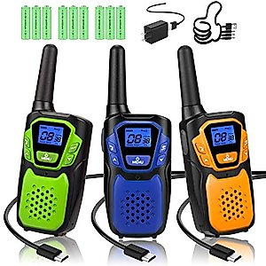 Walkie Talkies 3 Pack, Rechargeable Easy to Use Family Walky Talky Long Range 2 Way Radio Gift with NOAA Weather Channel Micro-USB Charger/Battery/Lanyard Hiking Camping Trip