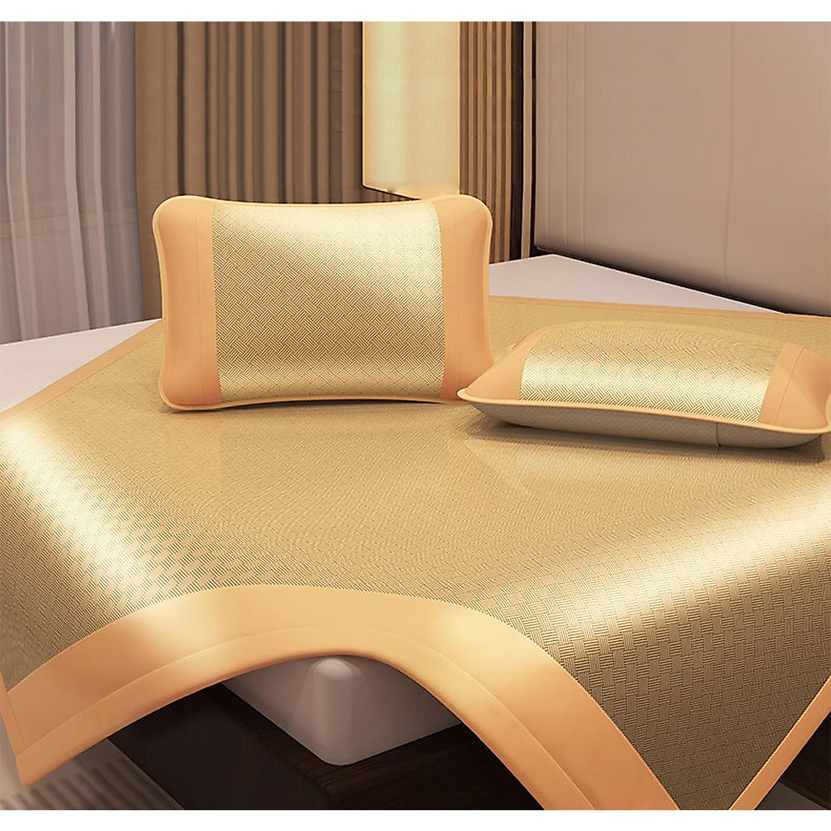 Summer Sleeping Pad Ice Rattan Mat 3 Piece Set (1 Mattress + 2 Pillowcases) Summer Ice Silk Mat Washable Cooler Mattresses (Gray, 59 * 78in/150 * 200cm)