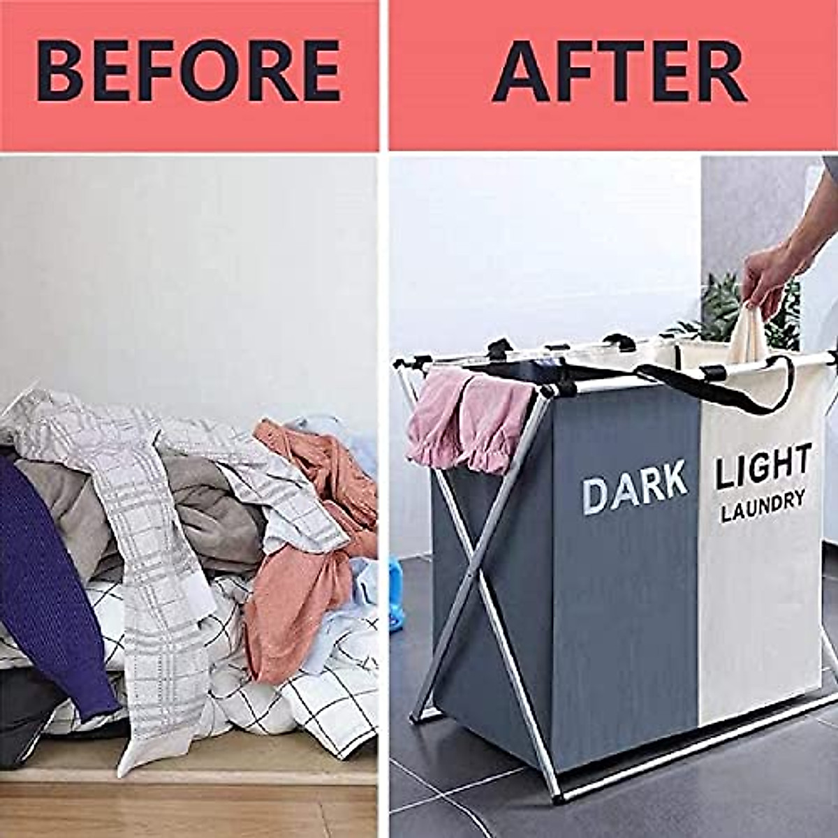 WANYU 125L Laundry Hamper 2 Section Basket Bin Washing Storage Bag Folding Hamper Sorter Aluminum X-Frame Cloth Organizer Durable for Bathroom Home with Carrying Handle (White+Grey)