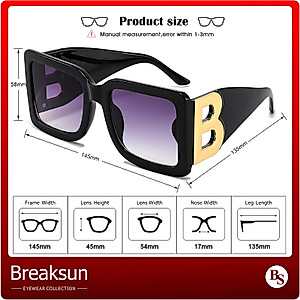 Breaksun Fashion Big Square Sunglasses for Women Men Classic Black Luxury Designer Sun Glasses Thick Frame Gradient Tint (Black/Grey/Black Character)