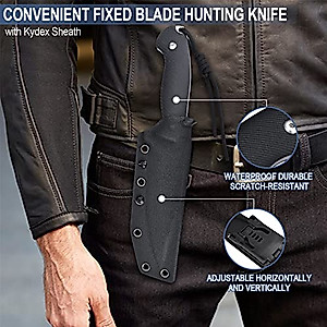 KOMWERO 10.2" Fixed Blade Hunting Camping Outdoor Knife, Sharp D2 Steel Blade Full Tang Survival Knife with Kydex Sheath Horizontal & Vertical Black G10 Handle, Cool Gifts for Men (Silver)