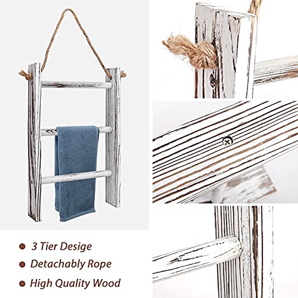 3-Tier Wood Tower Ladder Rack with Rope, Hanging Wooden Blanket Storage Organizer for Bathroom, Small Farmhouse Storage Shelf Rustic and Decorative