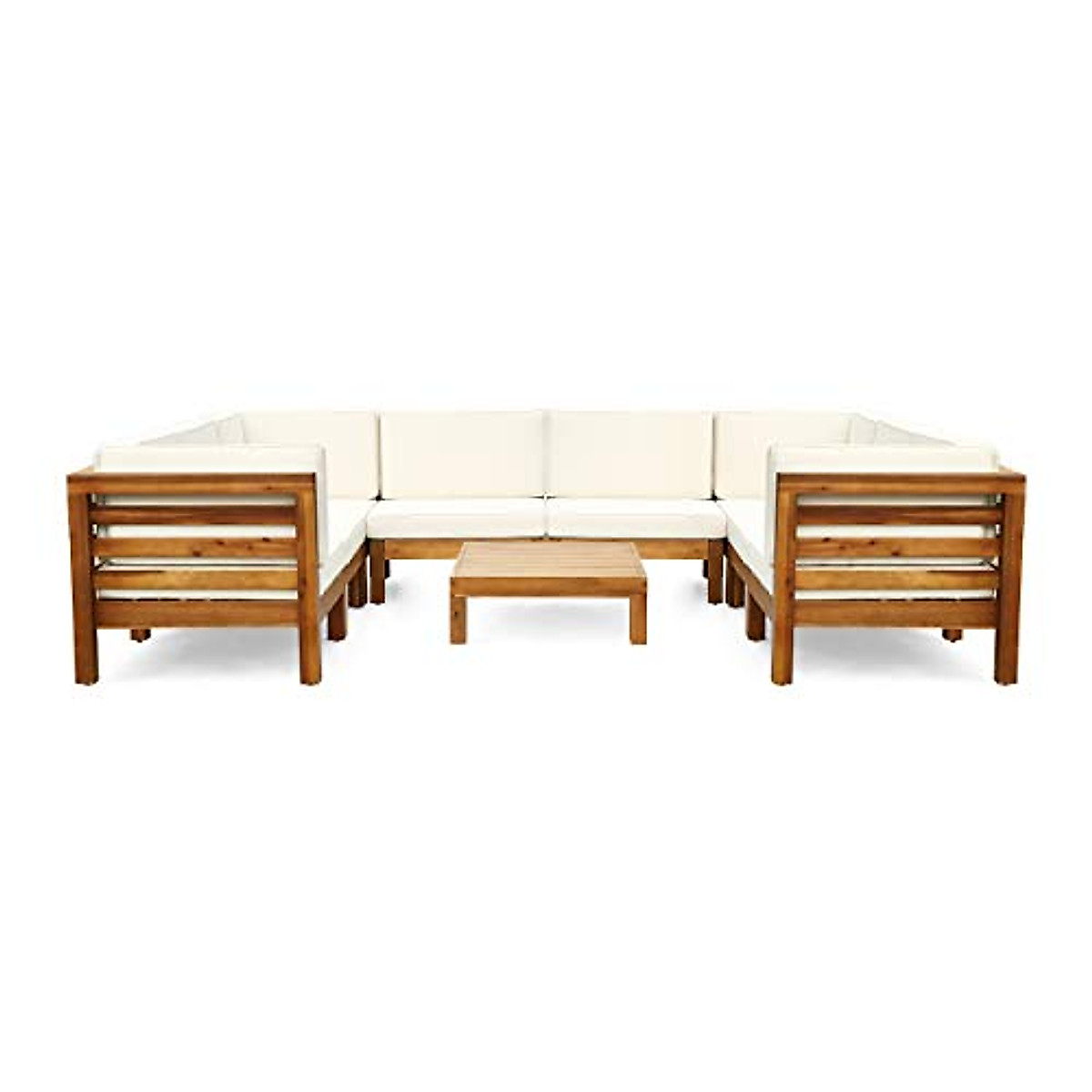 Great Deal Furniture Dawson Outdoor U-Shaped Sectional Sofa Set with Coffee Table - 9-Piece 8-Seater - Acacia Wood - Outdoor Cushions - Teak and Beige
