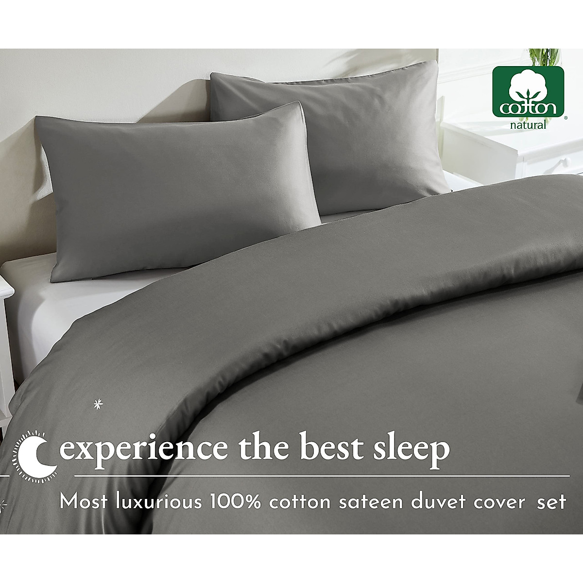 California Design Den Cotton Duvet Cover King Size, 3 Piece Slate Grey Bedding Set, 100% Pure Cotton Sateen Weave, 400 Thread Count Comforter Cover & Two Pillow Shams with Button Closure, Corner Ties