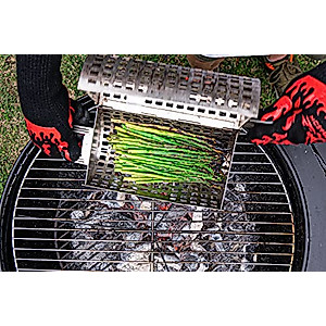 BBQ Dragon | Rolling Grill Basket | Food Grade Stainless Steel Grilling Basket | 13.5”x5.6” Cylinder | Vegetables, Shrimp, Fish, Chicken Wings | Snap Close Lid | Dishwasher Safe | Grilling Accessory