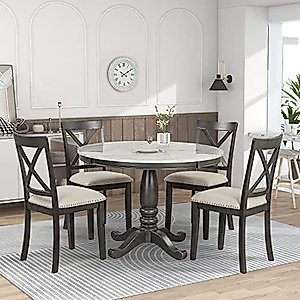 5 Piece Round Dining Table Set for 4, Marble Veneer Kitchen Table Set with Round Table and 4 Button Padded Chairs