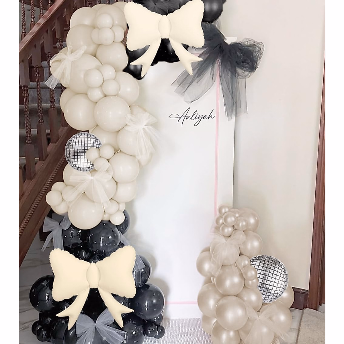 Bow Balloon Garland Arch Kit, 146 Pcs Black and White Bowtie Iridescent Disco Ball Foil Balloon for Birthday Anniversary Wedding Bridal Gender Reveal Supplies Bachelorette Tea Ribbon Party Decoration