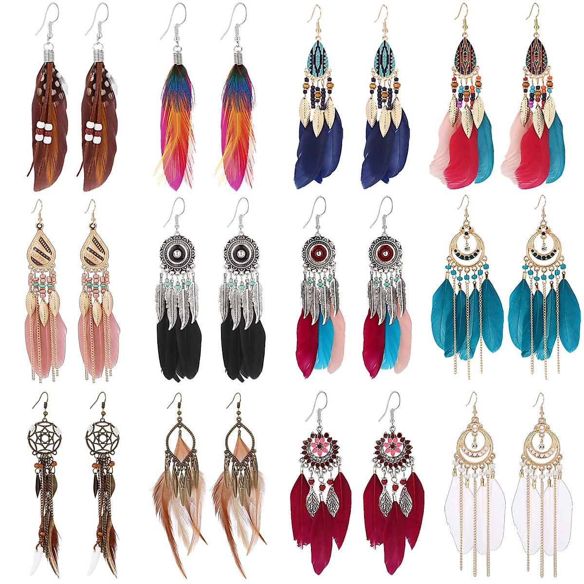 Kinimore 12 Pairs Women Feather Earrings Vintage Bohemian Earrings Long Drop Dangle Earrings Set With Dream Catcher Design Christmas Gift