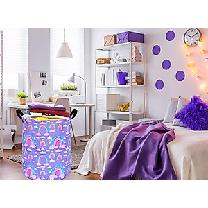 ACMUUNI 19.7 Inch Purple Rainbow Round Kids Round Laundry Clothes Hamper Dino Laundry Basket with Handles,Baby Toys Storage Organizer Bins Laundry Gift Basket for Boys and Girls Room, Bedroom Decor