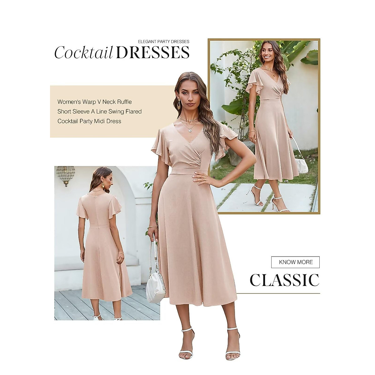 Dokotoo Women's Warp V Neck Ruffle Short Sleeve A Line Swing Flared Cocktail Party Midi Dress Formal Dresses for Women Evening Party Apricot XL