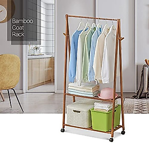 MoNiBloom Bamboo Garment Rack with Wheels Coat Rack Stand Clothes Rack with 2-Tier Storage Rack for Bedroom Living Room Entryway Home Office (Length 29.5", Brown)
