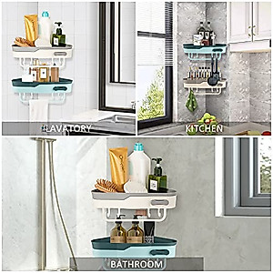 HLWDFLZ Corner Shower Caddy, 2 Pack Wall Mounted Adhesive Plastic Shower Organizer with Towel and Hooks, Removable Shower Organizer Corner Basket for Bathroom and Kitchen