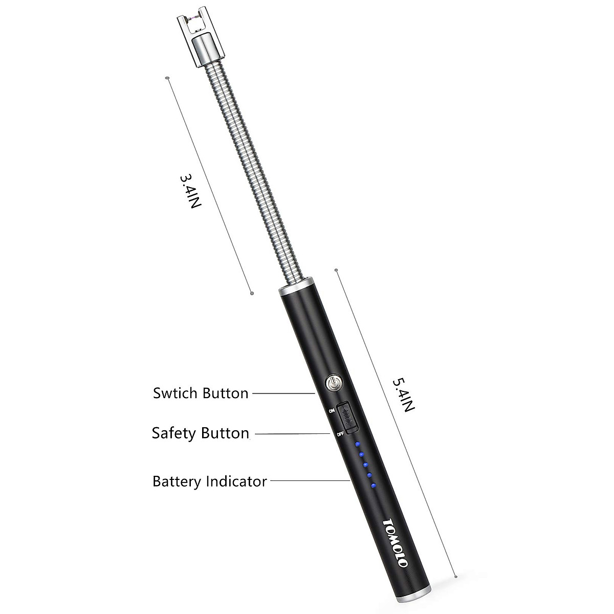 TOMOLO Electric Rechargeable Candle Lighter Grill Lighter Arc Lighter with Flexible Neck, LED Battery Display Safety Switch for Candle Camping Cooking BBQs Fireworks (Black&Silver)
