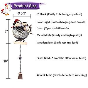wtreew Solar Rooster Bird Feeder Squirrel Proof for Outside - Unique Cute Metal Animal Shaped Wild Bird Feeder with Solar Light, Wind Chime, Gift for Bird Lovers(Rooster)