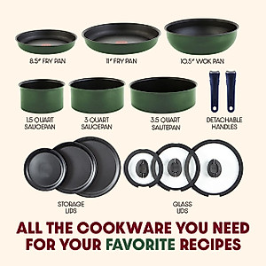 T-fal Ingenio Nonstick Cookware Set 14 Piece Induction Stackable, Detachable Handle, Removable Handle, RV Cookware, Cookware, Pots and Pans, Oven, Broil, Dishwasher Safe, Forest Green