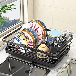 PXRACK Dish Drying Rack, Dish Rack for Kitchen Counter with Utensil Holder, Space-Saving Durable Dish Drainer Organizer with Drainboard for Kitchen, Black